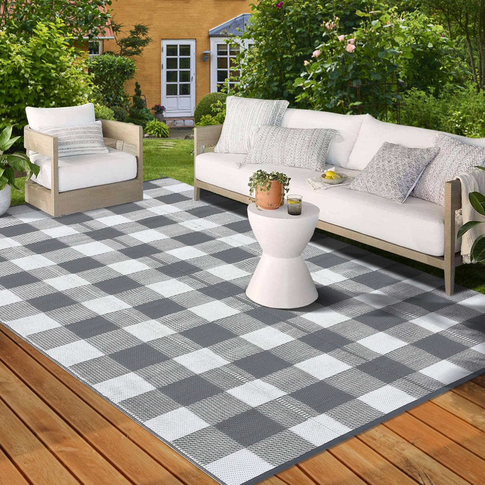 HOMERRY Geometric Plaid Outdoor Rug Straw Plastic Area Rug for Balcony ...