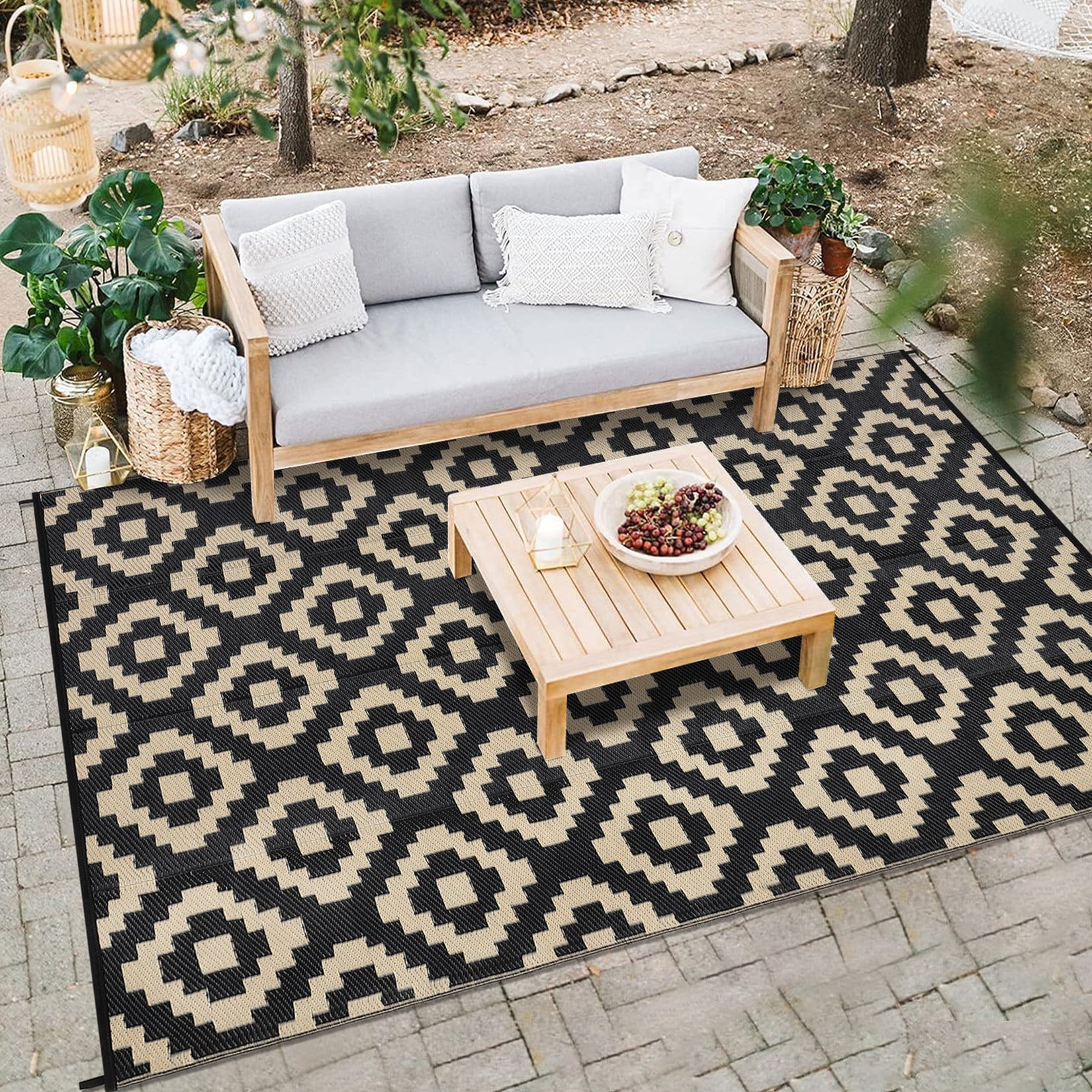 HOMERRY Geometric Plaid Outdoor Rug Straw Plastic Area Rug for Balcony ...