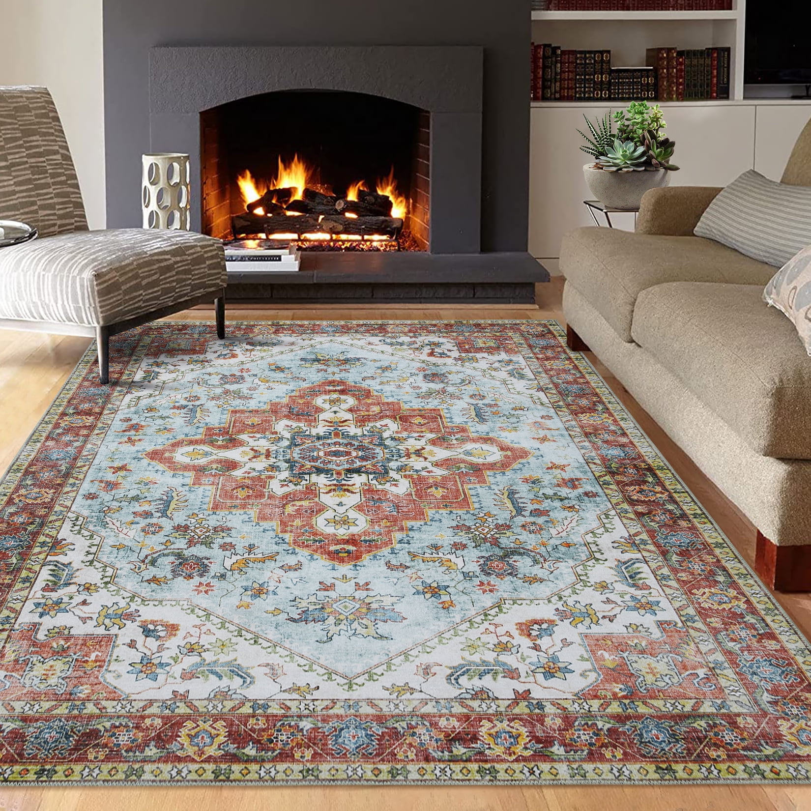 HOMERRY Persian 5x7 Area Rugs with Non Slip Backing Stain Resistant ...