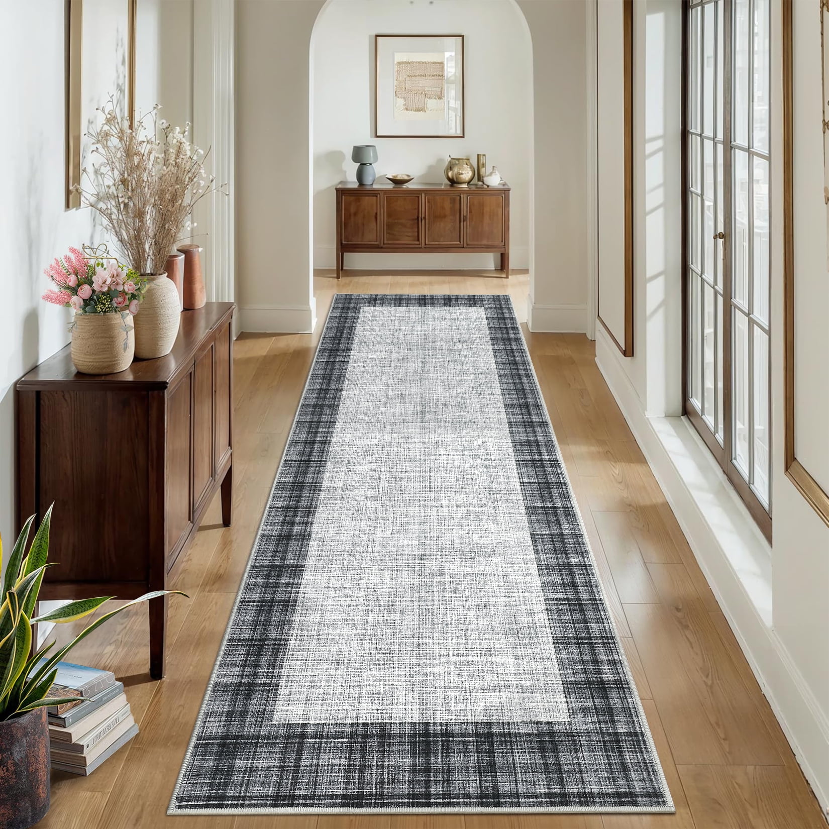 HOMERRY Runner Rug 2' x 6' Washable Plaid Border Geometric Hallway ...