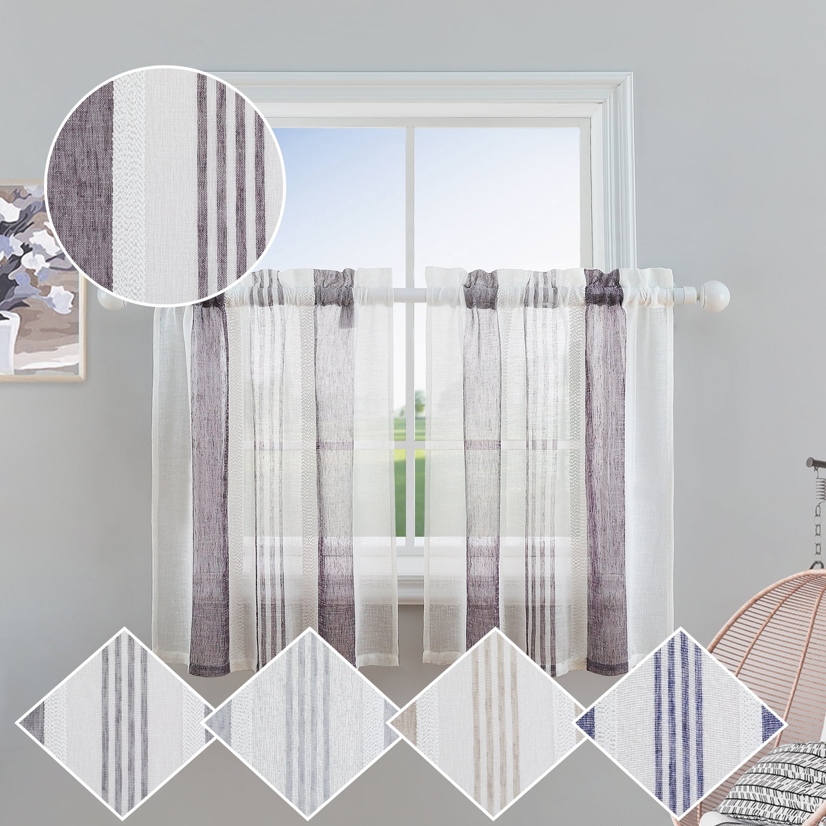 HOMERRY Sheer Kitchen Curtain 24 inches Length Vertical Stripetier ...