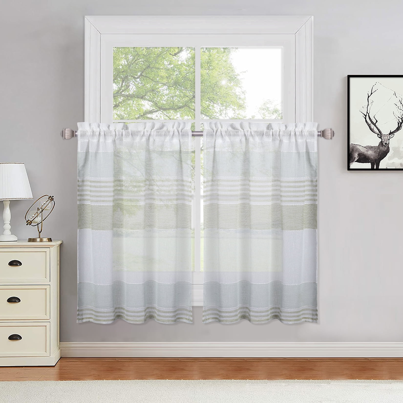 HOMERRY Sheer Kitchen Curtains 27"W x 24"L Splicing Striped Bathroom ...