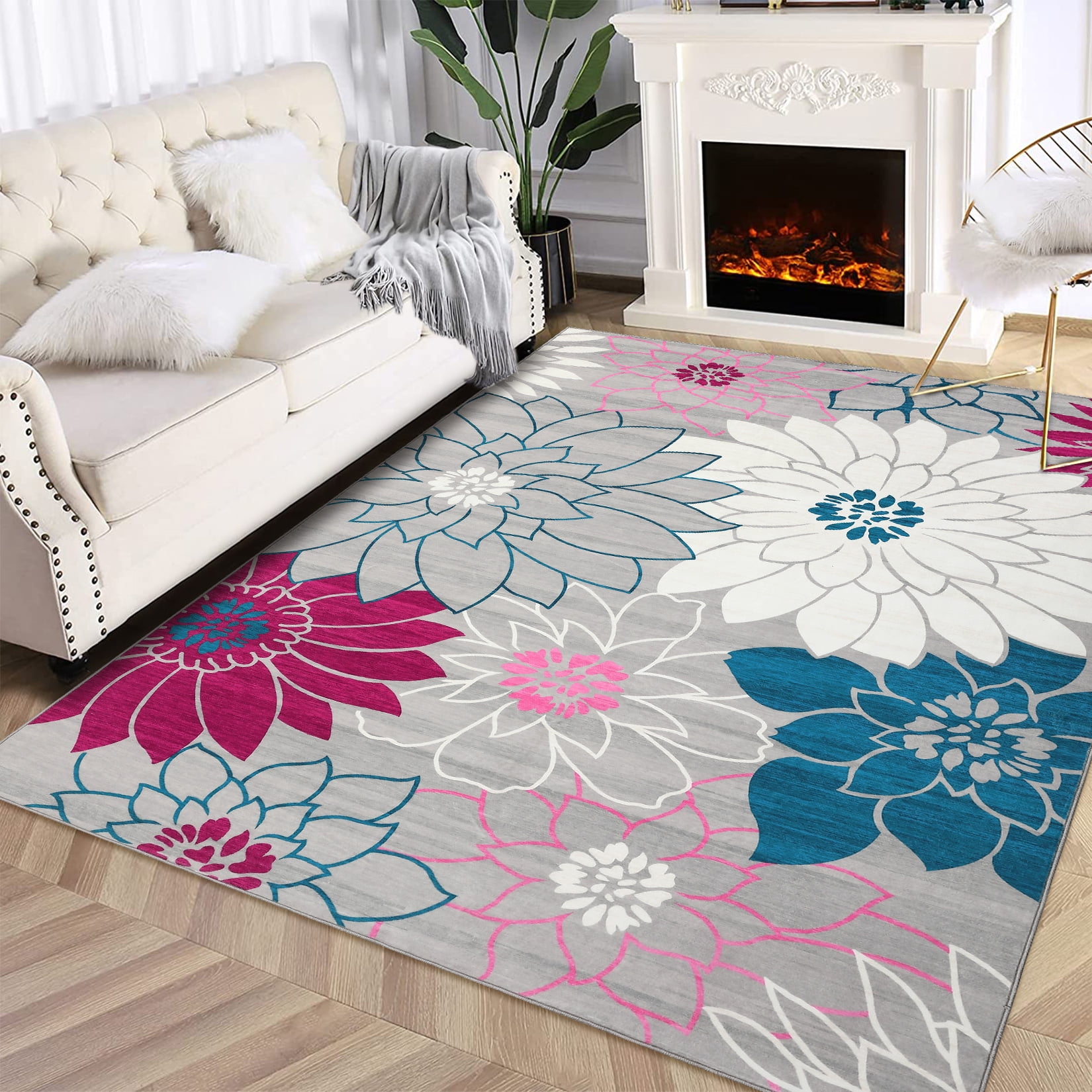HOMERRY Washable Rug 4' x 6' Modern Floral Area Rug Living Room Rug ...