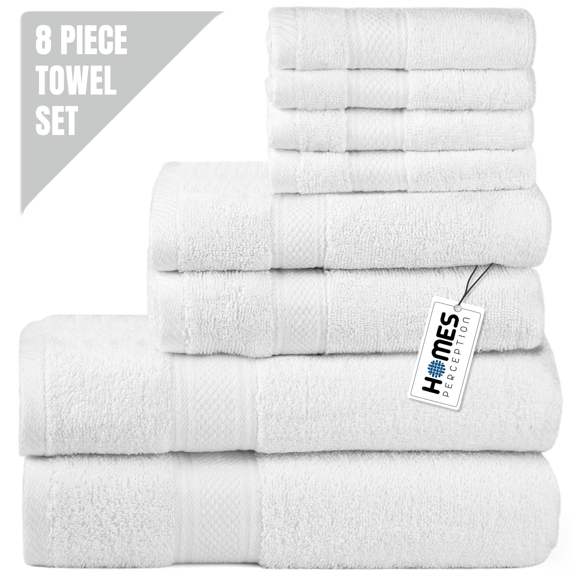"HOMES PERCEPTION Ultra Soft 8-Piece Towel Set, 100% Cotton White, Bath Towels 27""x54 ...