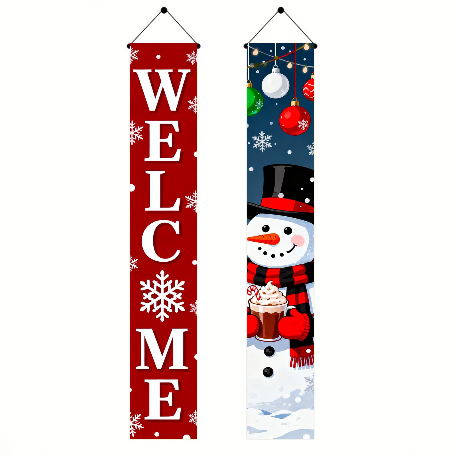 HOMETITUTE Snowman Hot Cocoa Porch Banner Blue Winter Door Banner with ...