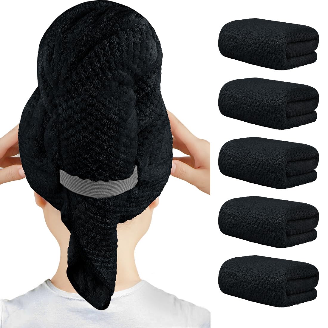 HOMEXCEL 5 Pack Large IEF31 Microfiber Hair Towel Wrap for Women, Black ...