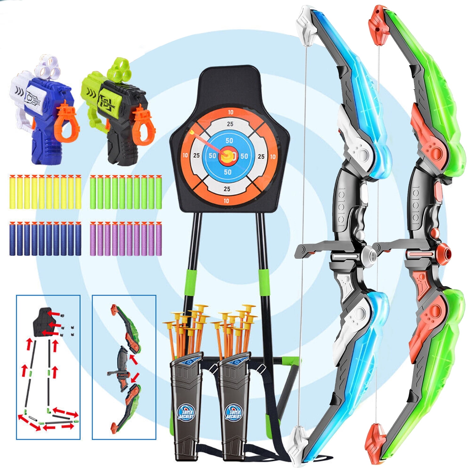 HOMEYA 2 Pack Bow and Arrow for Kids LED Light Up Archery Set Indoor ...