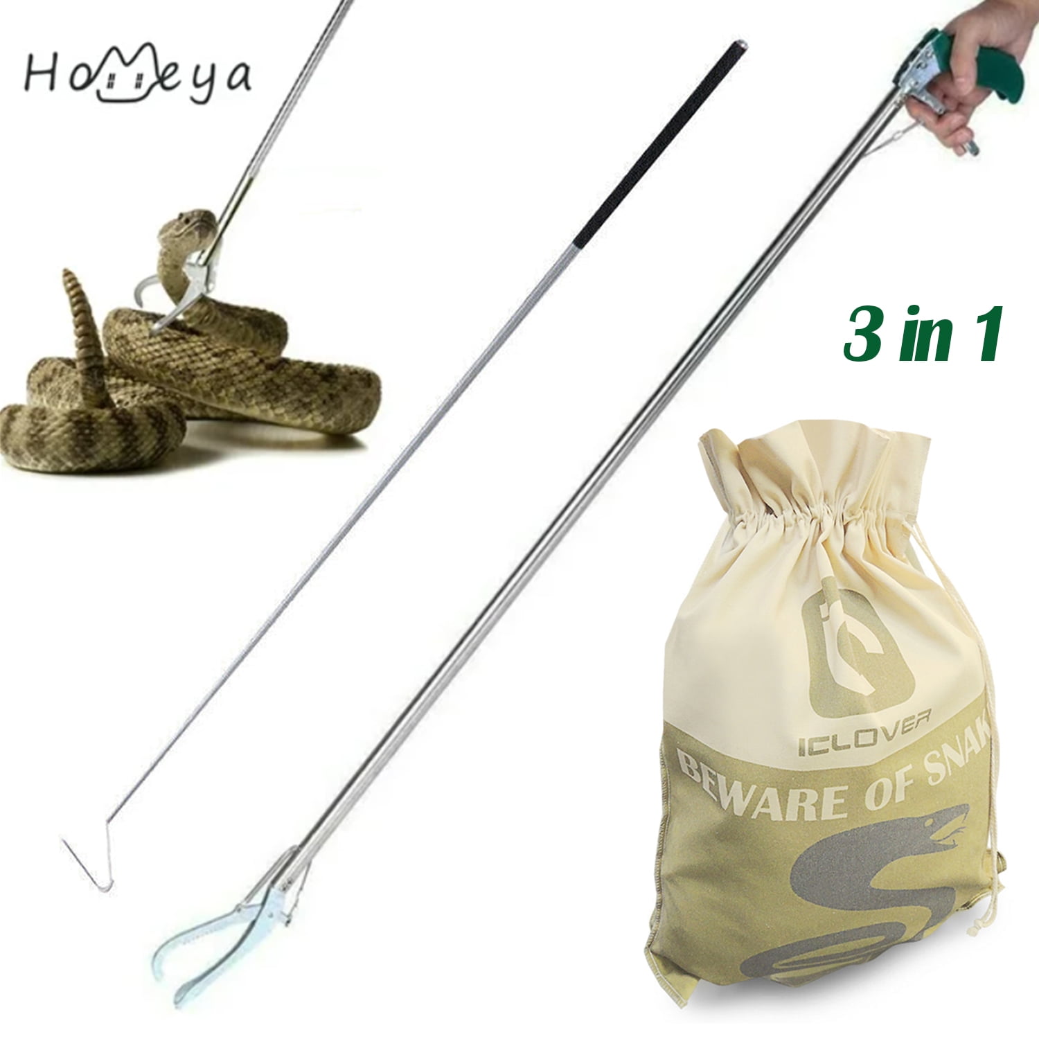 HOMEYA 47" Snake Tongs + 39" Snake Hook + Snake Bag Reptile ...