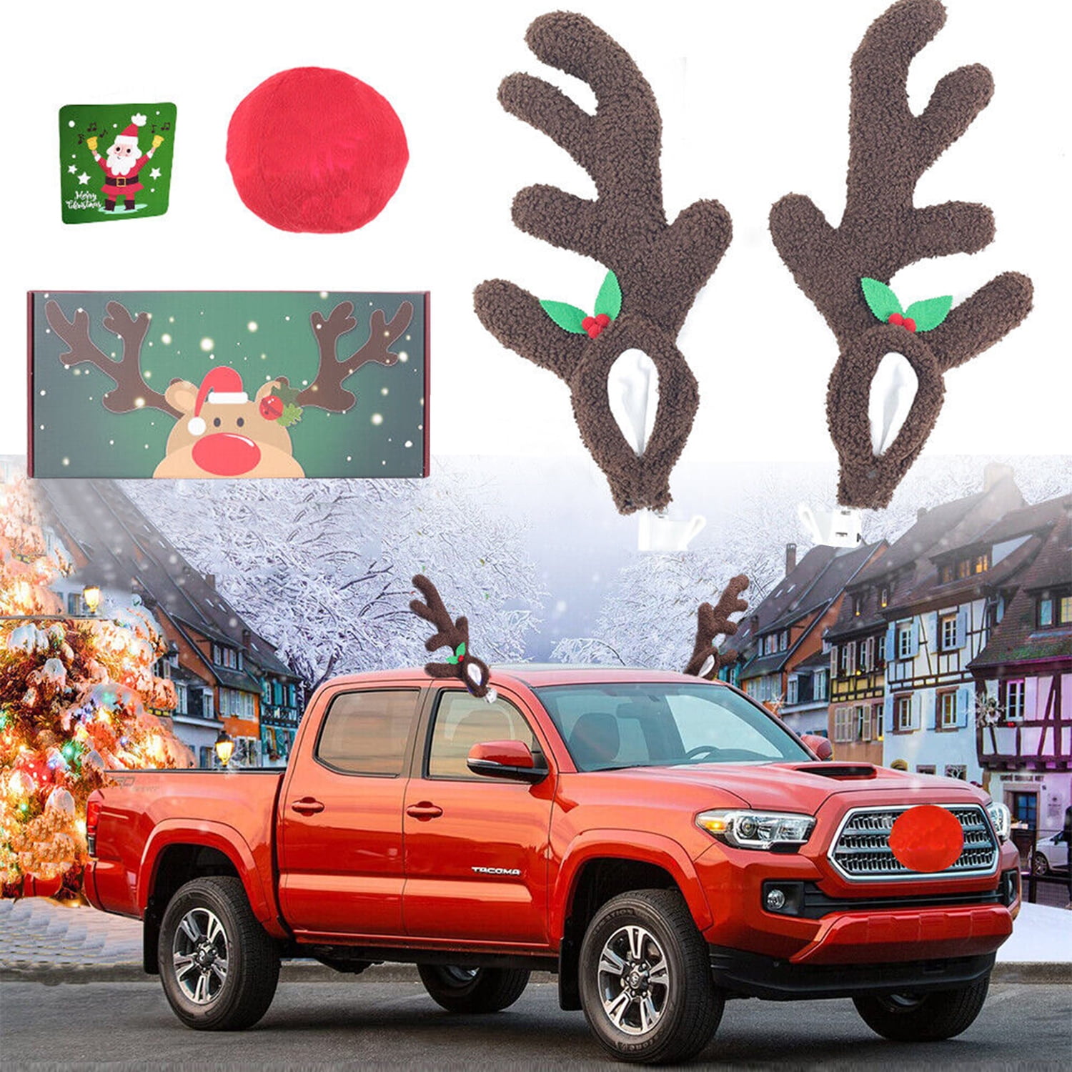 HOMEYA Christmas Car Reindeer Antlers & Nose Set with Lights Auto ...