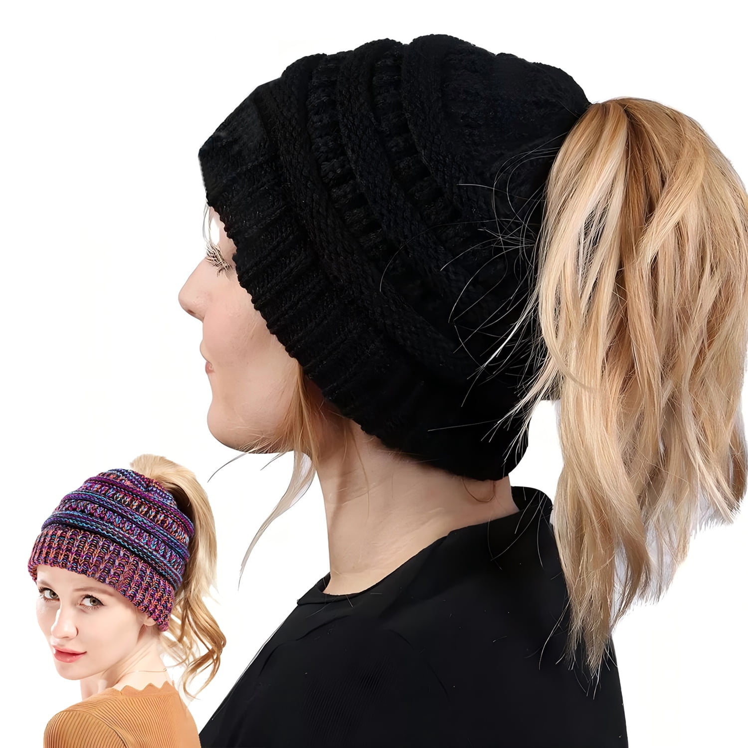 HOMEYA High Messy Bun Beanie Hat with Ponytail Hole Winter Warm Knit ...