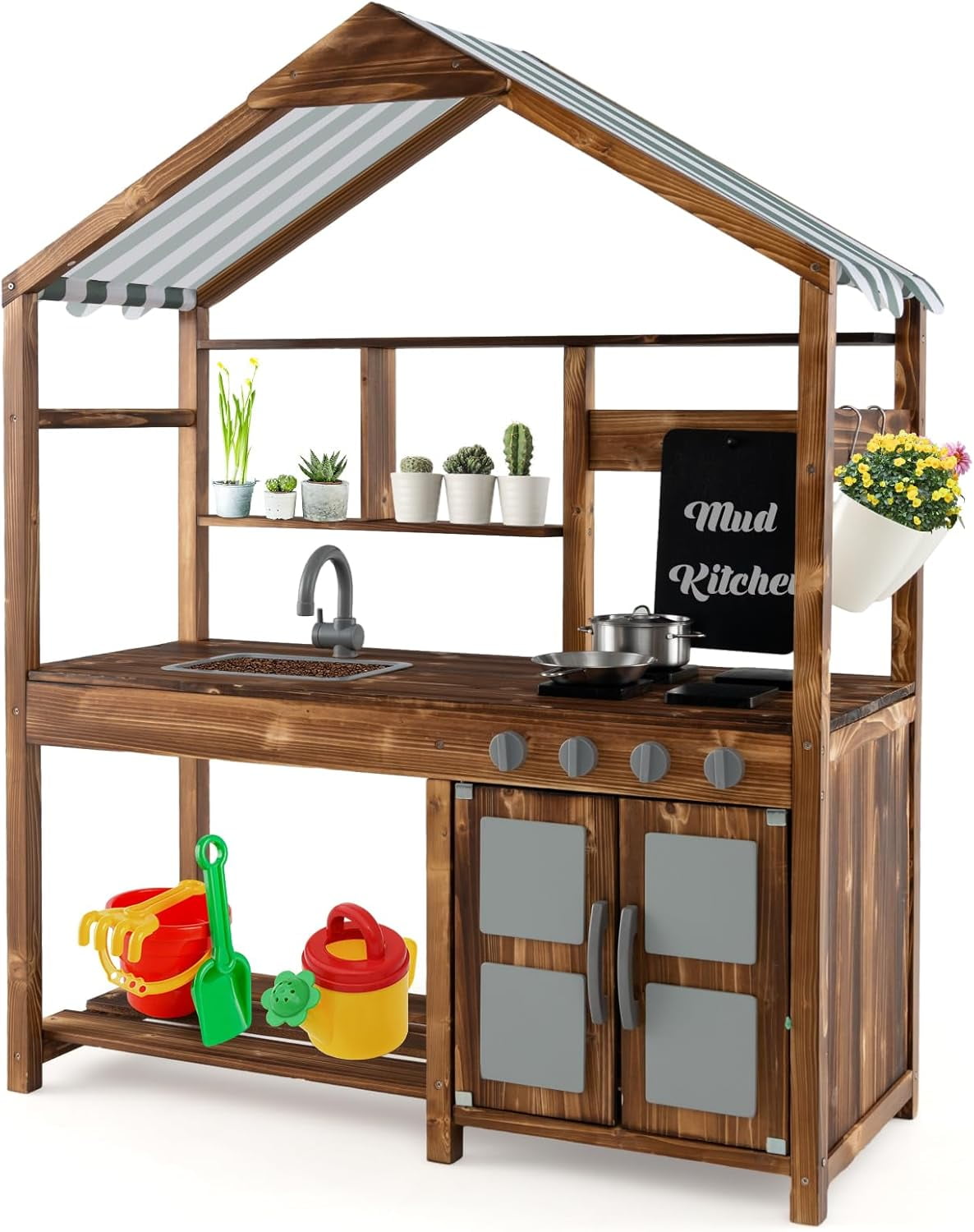 HOMGX Kids Outdoor Mud Kitchen, Wooden Toy Kitchen Set w/Canopy, Sink ...