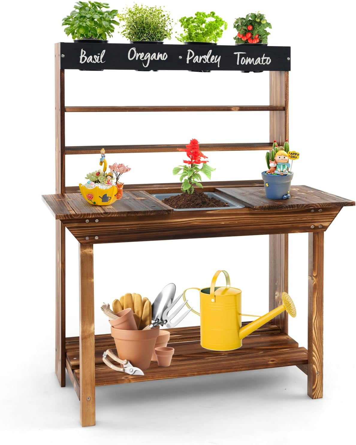 HOMGX Kids Potting Table, Wooden Children Planting Table w/ 4 ...