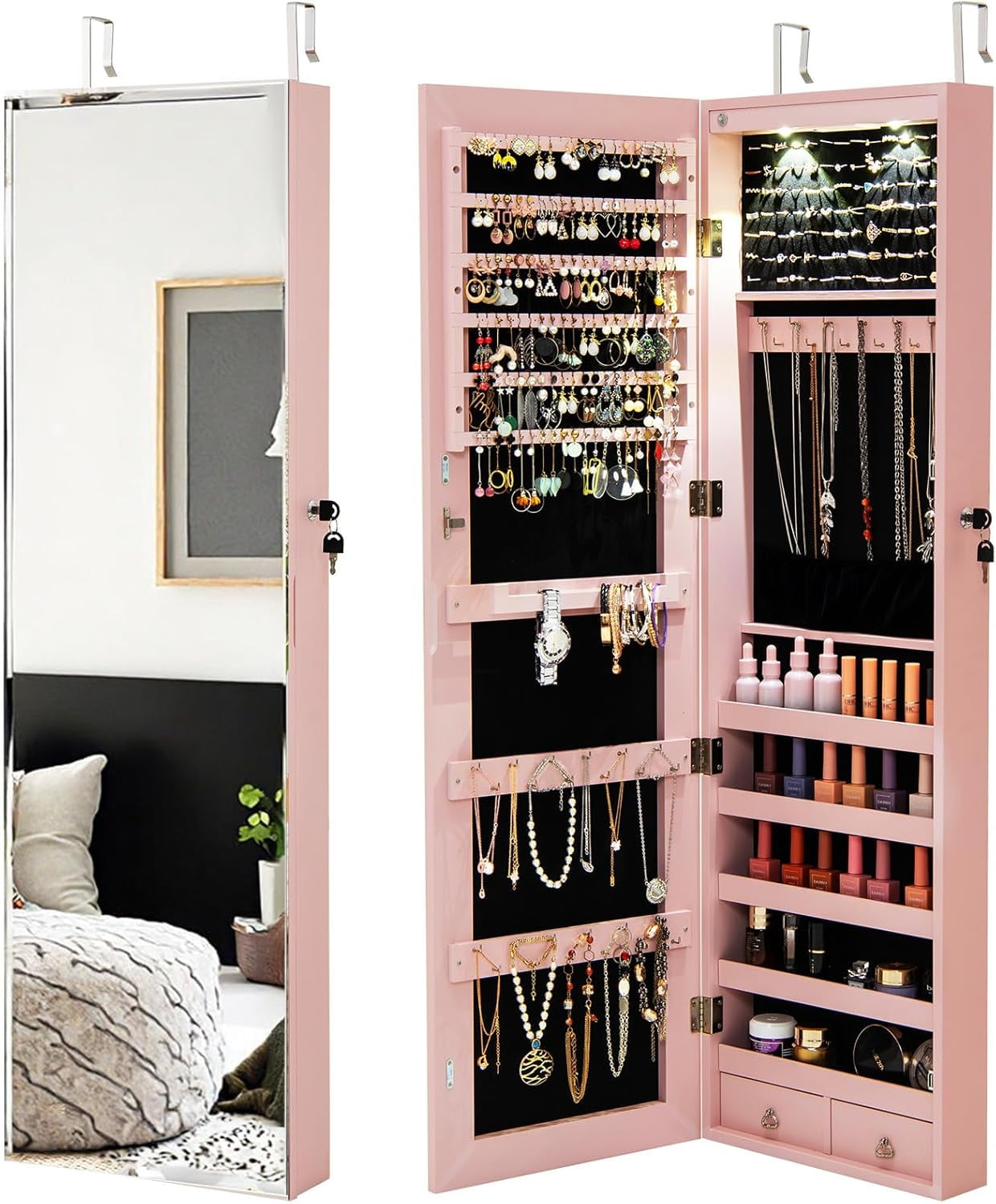 HOMGX LED Mirror Jewelry Cabinet, 47.5” Wall or Door Mounted Makeup ...