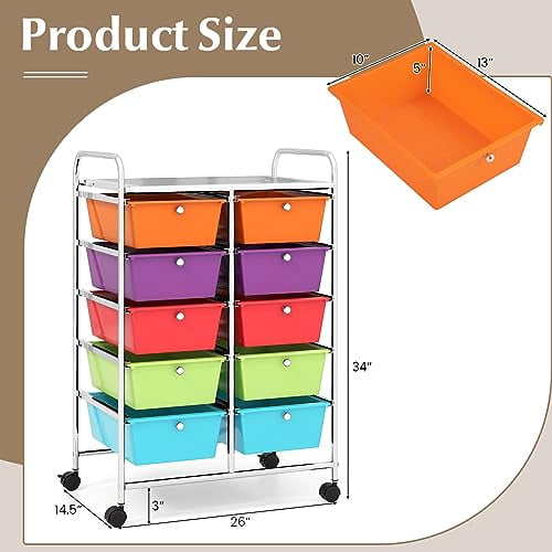HOMGX Rolling Cart with 10 Drawers, 10 Tiers Multicolor Trolley, Drawer ...