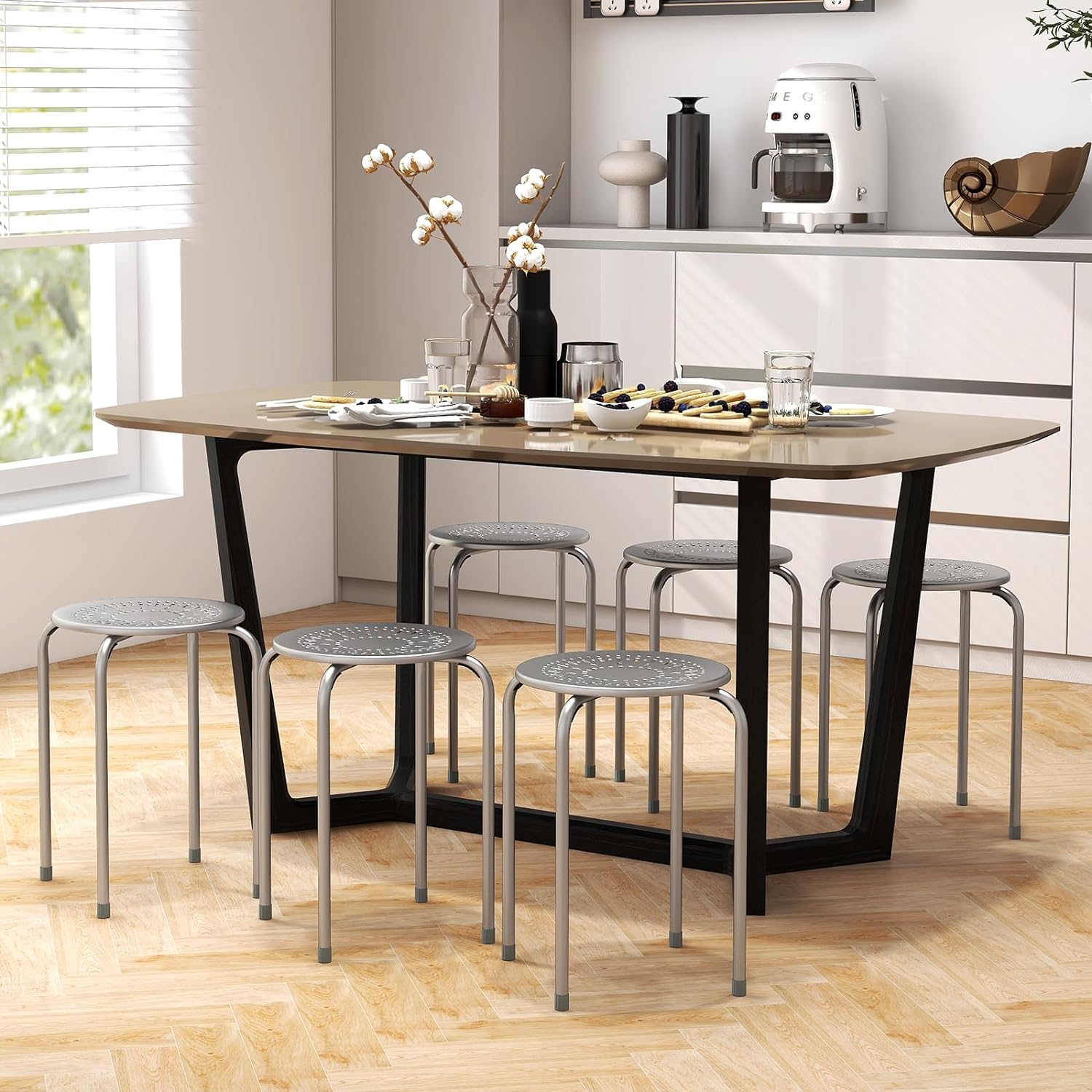 HOMGX Stackable Stools 6 Pack, Portable Stacking Bar Stools w/Round Top ...