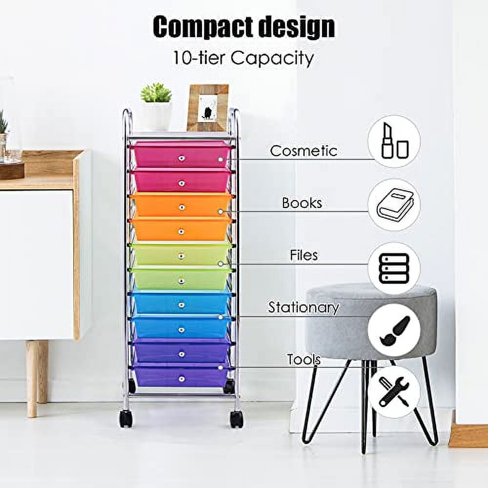 HOMGX Storage Cart with 10 Drawers, 10 Tiers Multicolor Rolling Drawer ...