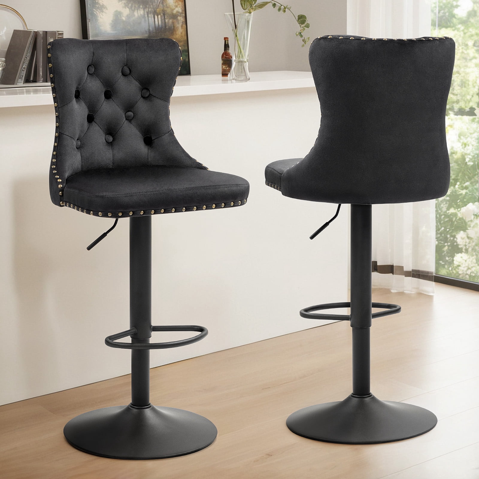 Homhum 360° Swivel Bar Stools Set of 2, Button Tufted Island Stools ...