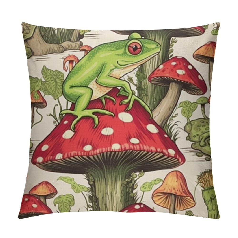 HOMICOZI Cartoon Frog Pillow Cover Farmhouse Style Red Wild Mushroom ...
