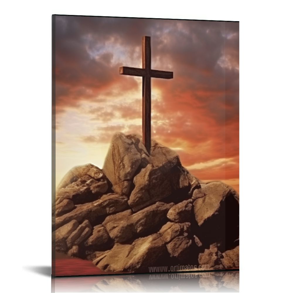 HOMICOZI Cross on a Rock Wall Decor Religious Jesus Christ Spiritual Wall Art Picture Canvas ...