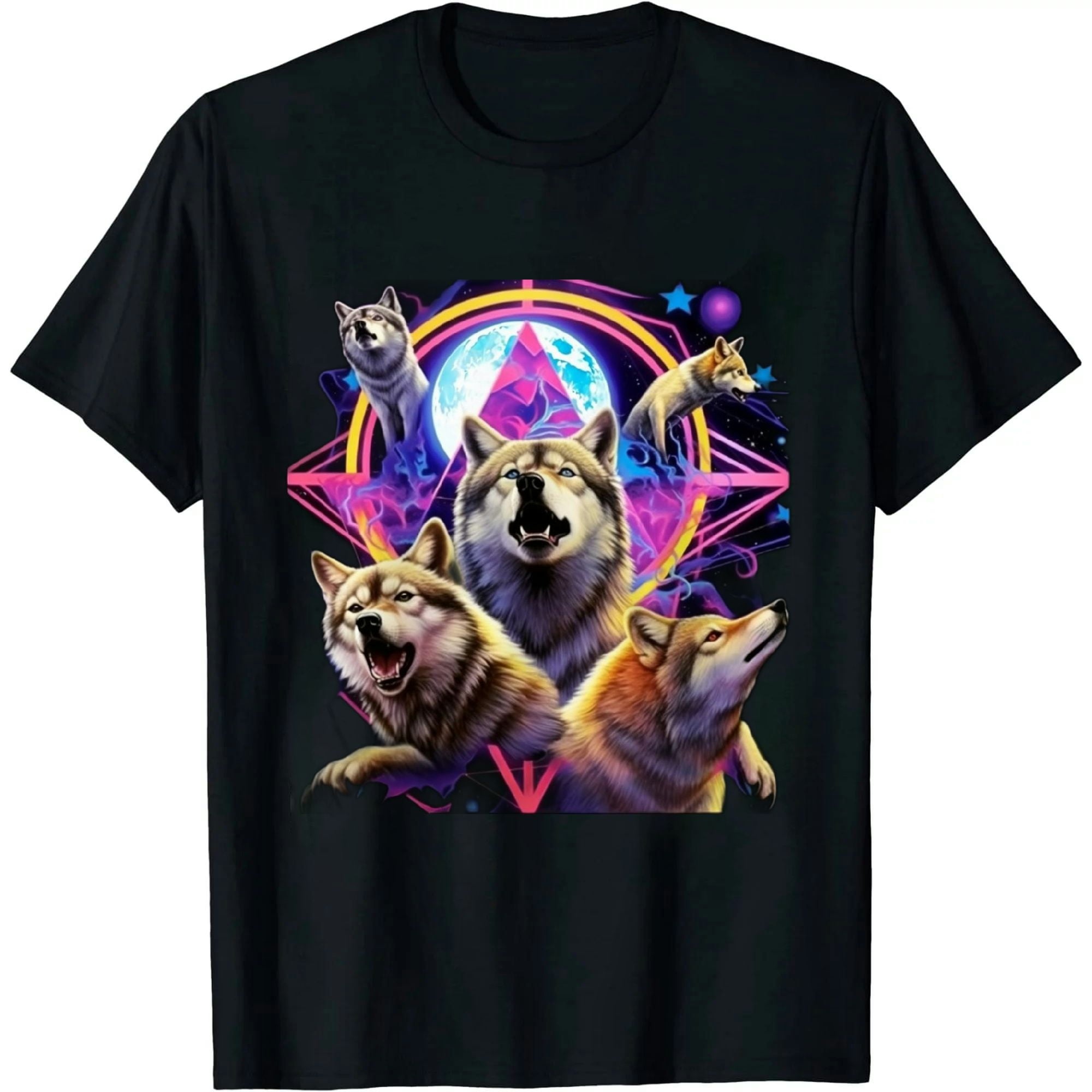 HOMICOZI Epic Three Wolves Howling at the Moon 80's Poster style Wolf T ...