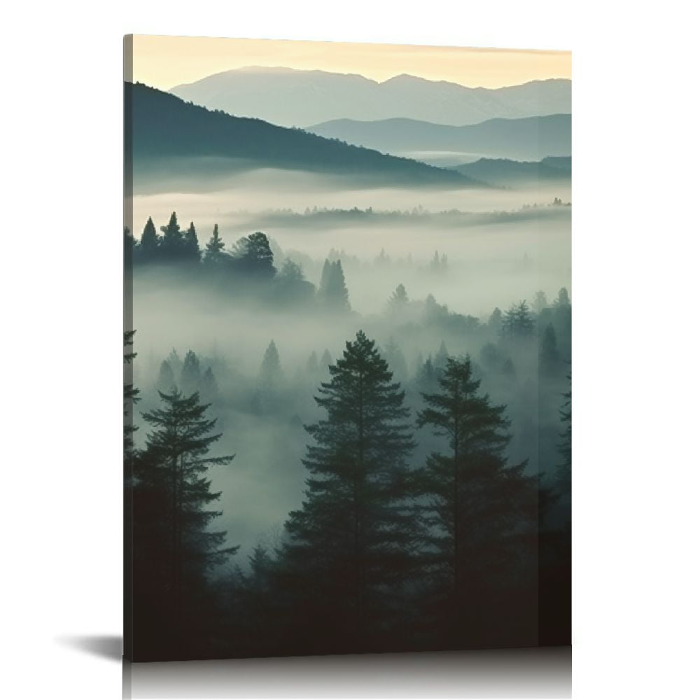 HOMICOZI Foggy Forest Canvas Wall Art Indigo Misty Forest Pictures Blue Grey Abstract Mountain ...