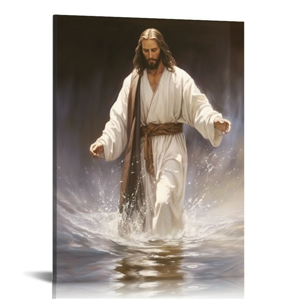 HOMICOZI Framed Jesus Wall Art Jesus Decor Walking In The Water Canvas Christian Religious Black ...