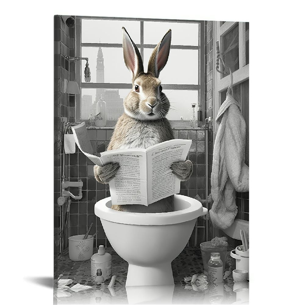 HOMICOZI Funny Rabbit Bathroom Decor Wall Art Cute Rabbit Sitting in ...