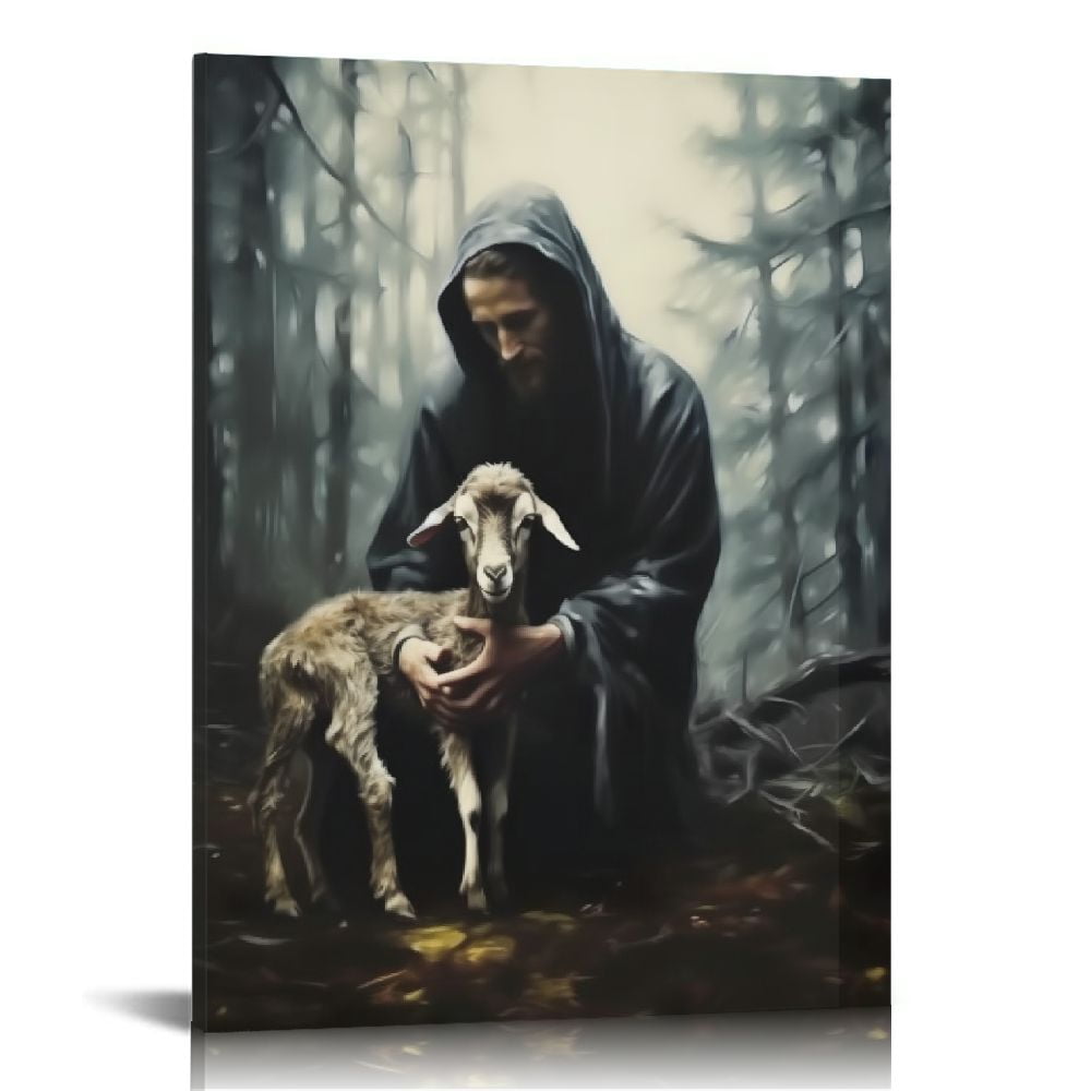 HOMICOZI Jesus and Lamb Canvas Wall Art Jesus Runs Towards A Lost Lamb ...