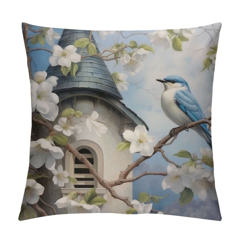 HOMICOZI Pillow Cushion Case Blue Cottage Bird Birdcage and Blossoms ...