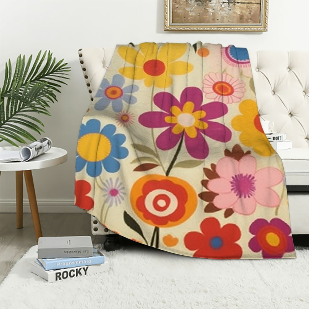HOMICOZI Throw Blanket,Green Hippie Vintage Flowers 60S 70S Orange 1960 ...