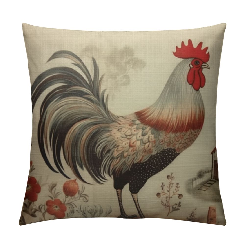 HOMICOZI Throw Pillow Cover Retro Style Beige Chicken Rooster Farm ...