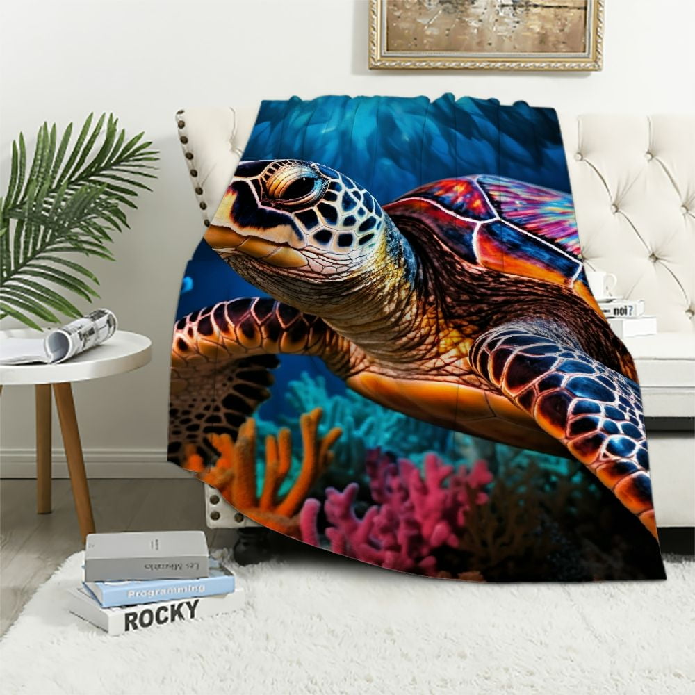 HOMICOZI Turtle Sherpa Blanket White Blue Sea Hawaiian Turtle Throw ...