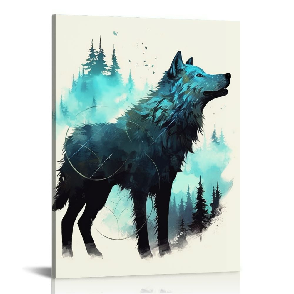HOMICOZI Wolf Art Print, Watercolor Forest, Double Exposure Wolf, Wild Animal Wall Art, Creative ...