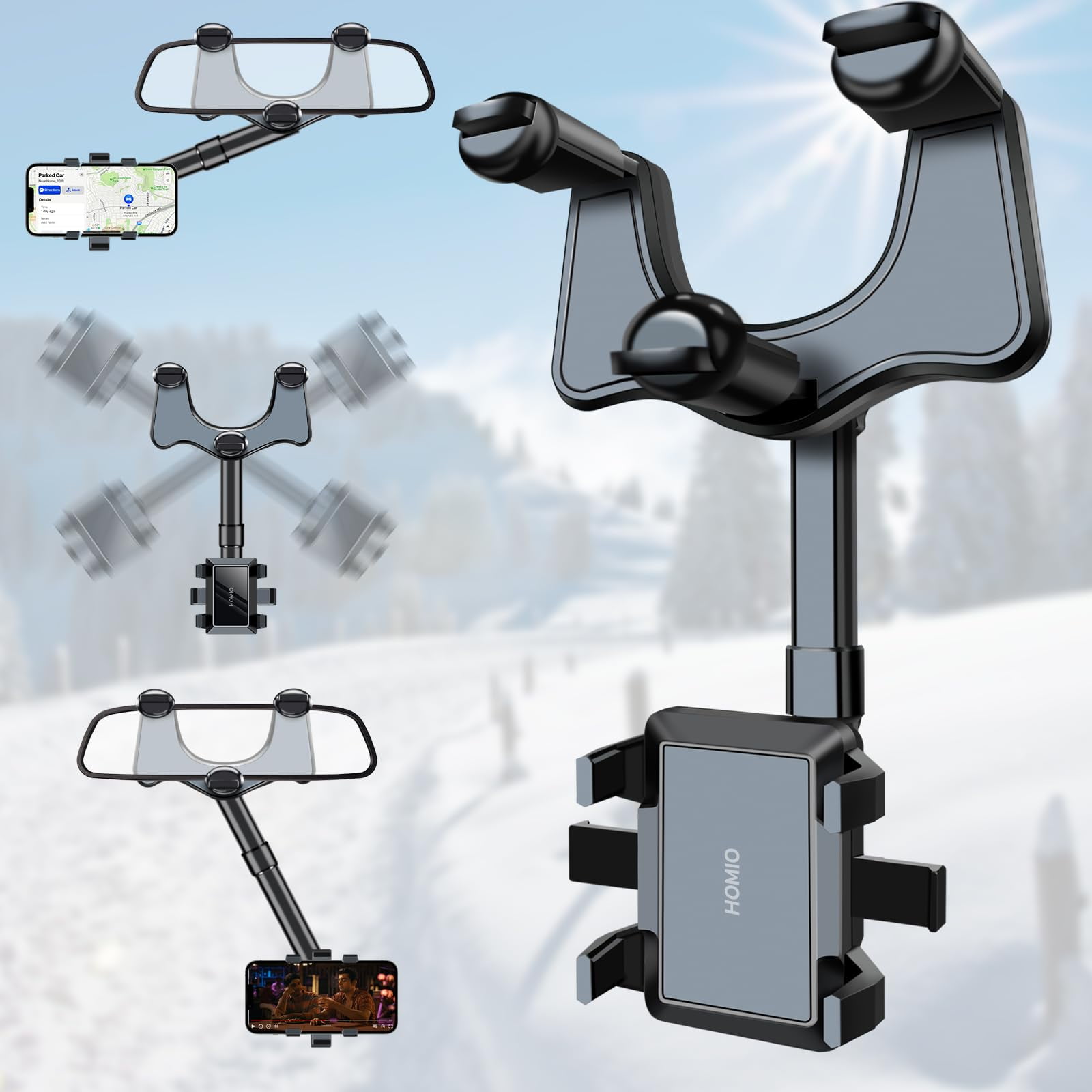 HOMIO Rearview Mirror Phone Holder for Car 360° and Retractable Car ...