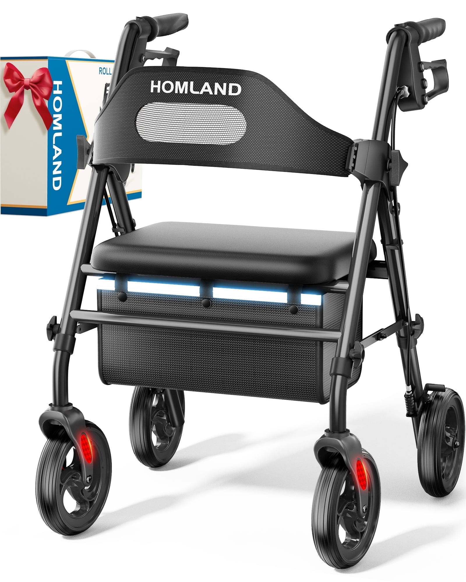 HOMLAND Foldable Rollator Walkers with Seat for Seniors, 8'' Big Wheels ...