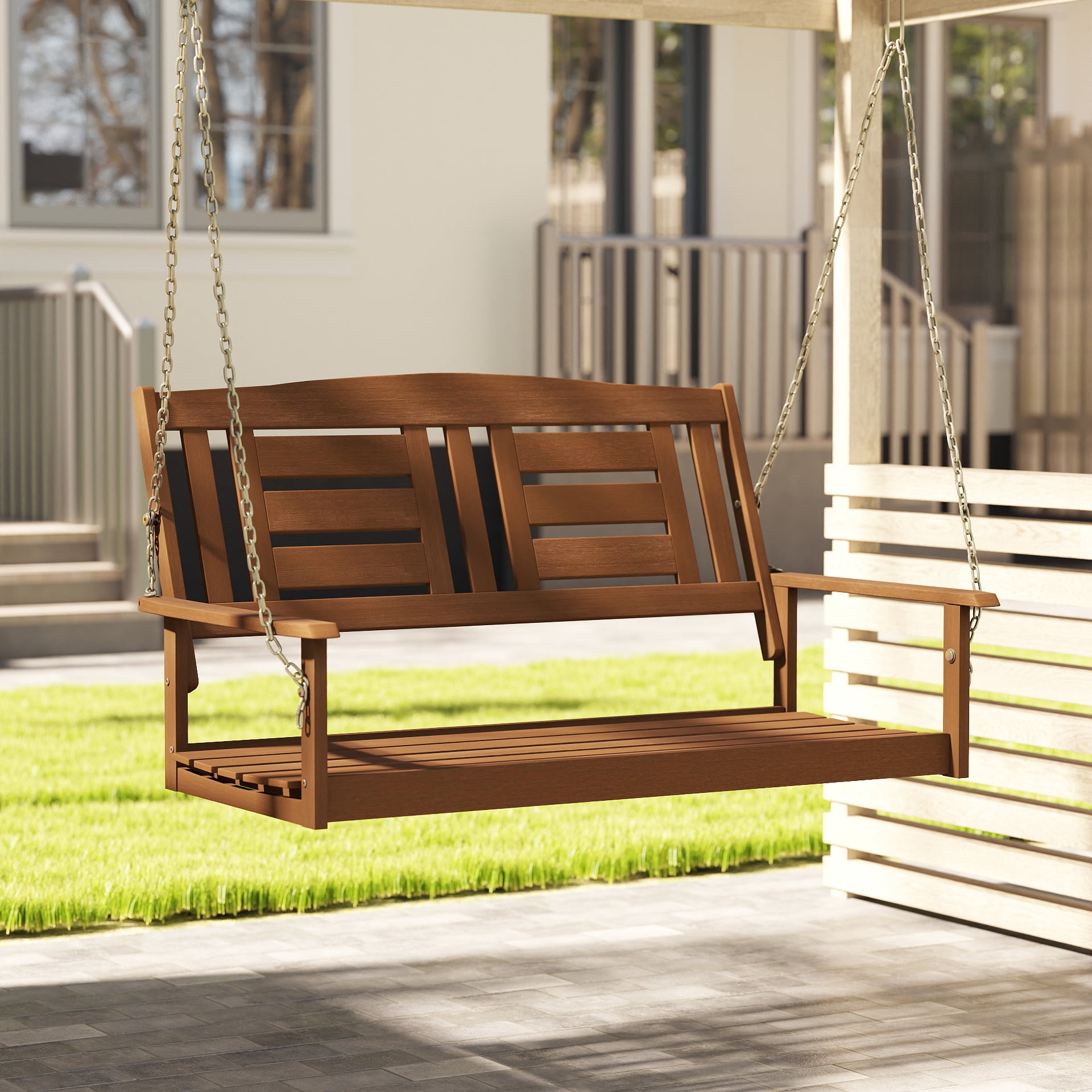 HOMLUX 2-Seater Hanging Outdoor Porch Swing with Chains, Meranti Hardwood, Teak-Oil Finished ...