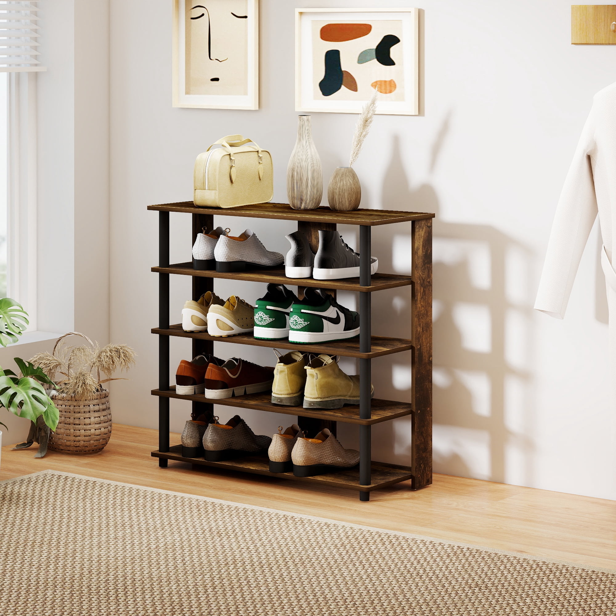 HOMLUX 5-Tier Wood & Stainless Steel Tubes Shoe Rack, Shoe Shelf Holds ...