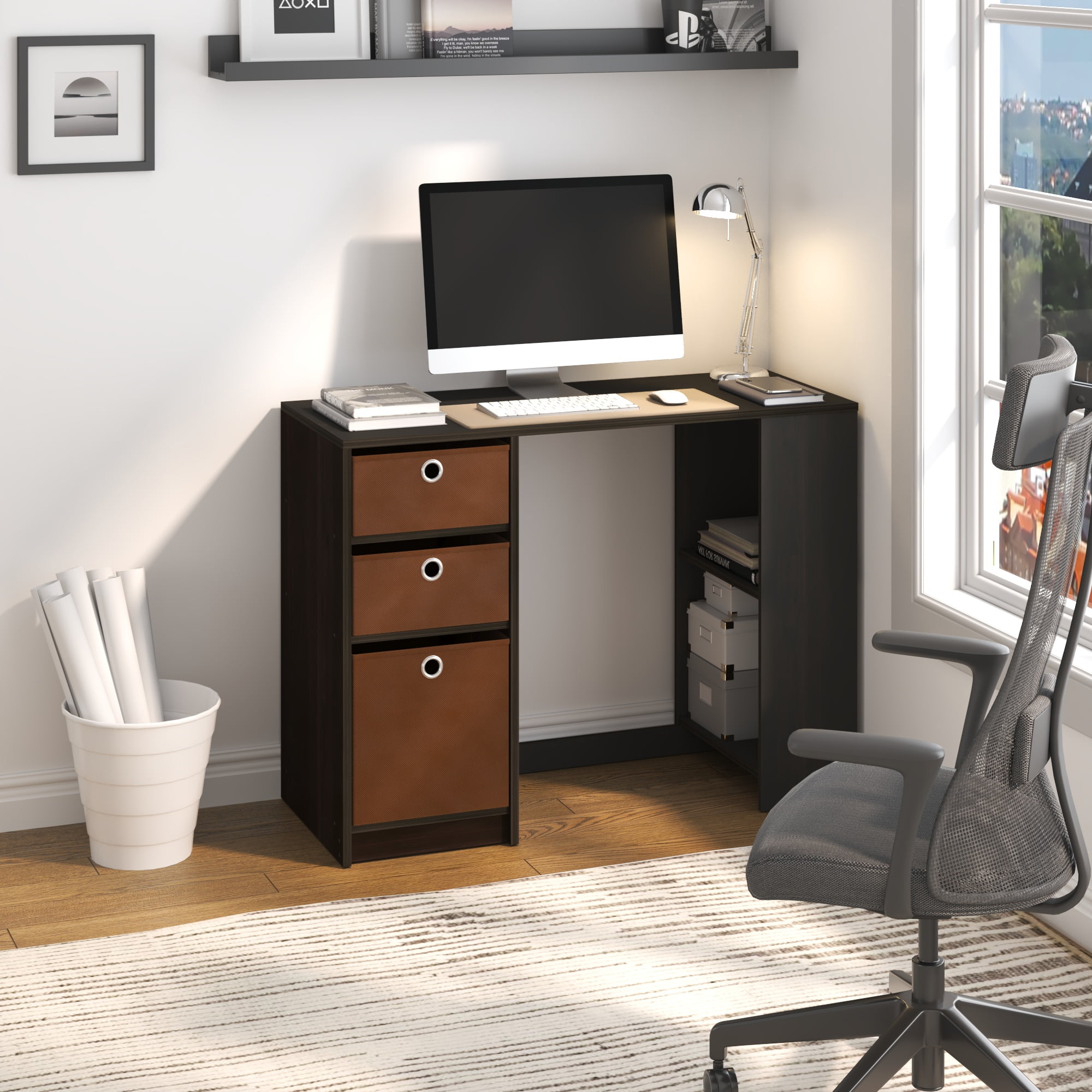 HOMLUX Compact Computer Study Desk Writing Table with Storage Bins for ...