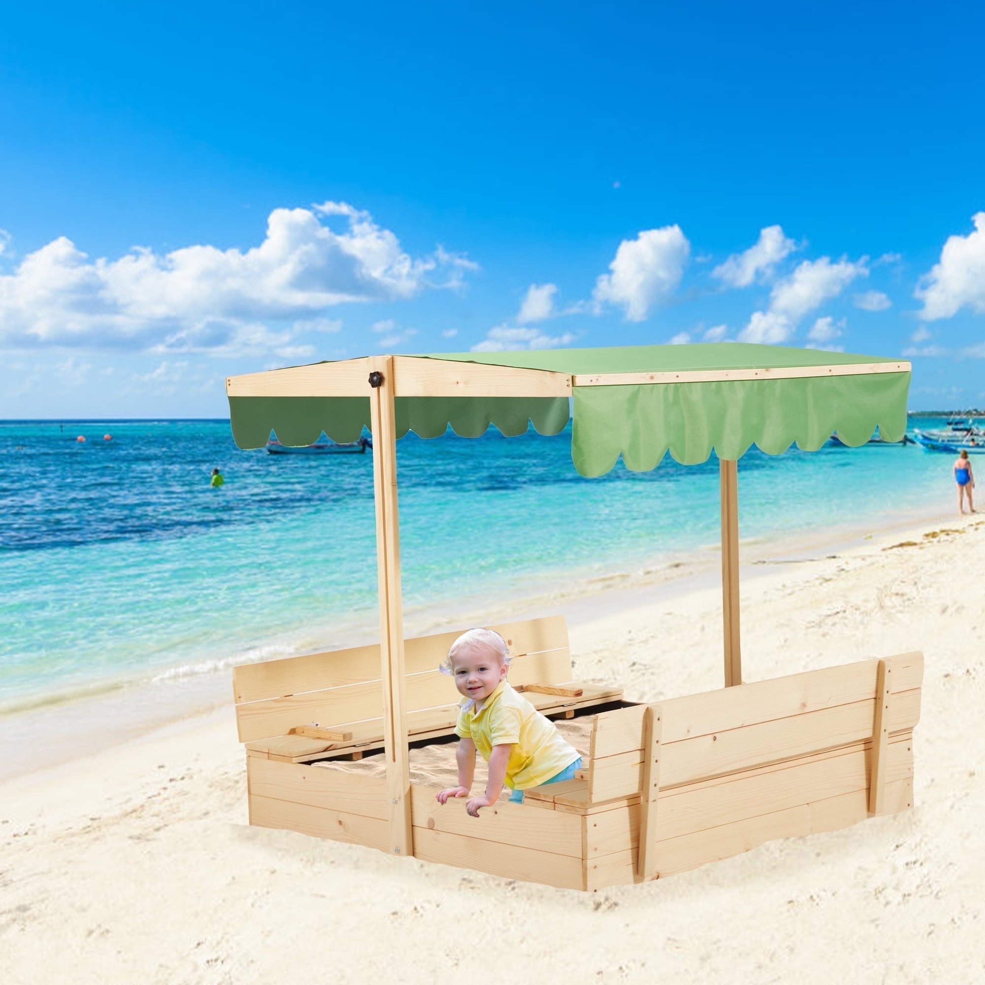 HOMMOW Kids Wooden Sandbox Outdoor with 2 Bench Seats, Height ...