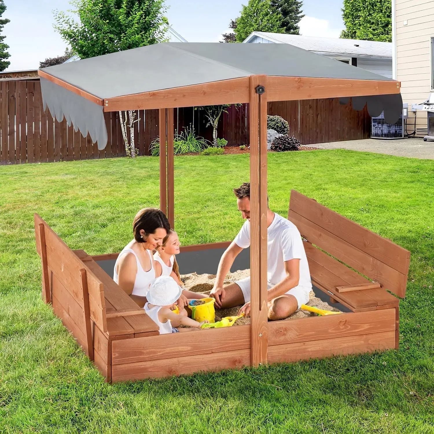 HOMMOW Wooden Sandbox with Lid, with Adjustable Canopy for Outdoor ...