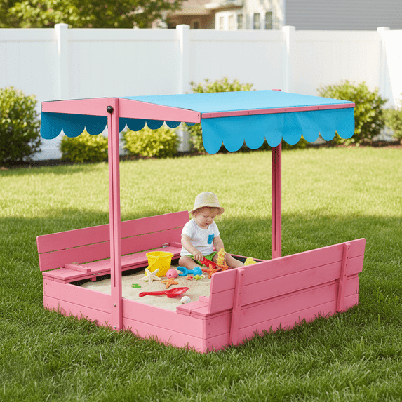 HOMMOW Wooden Sandbox with Lid, with Adjustable Canopy for Outdoor ...