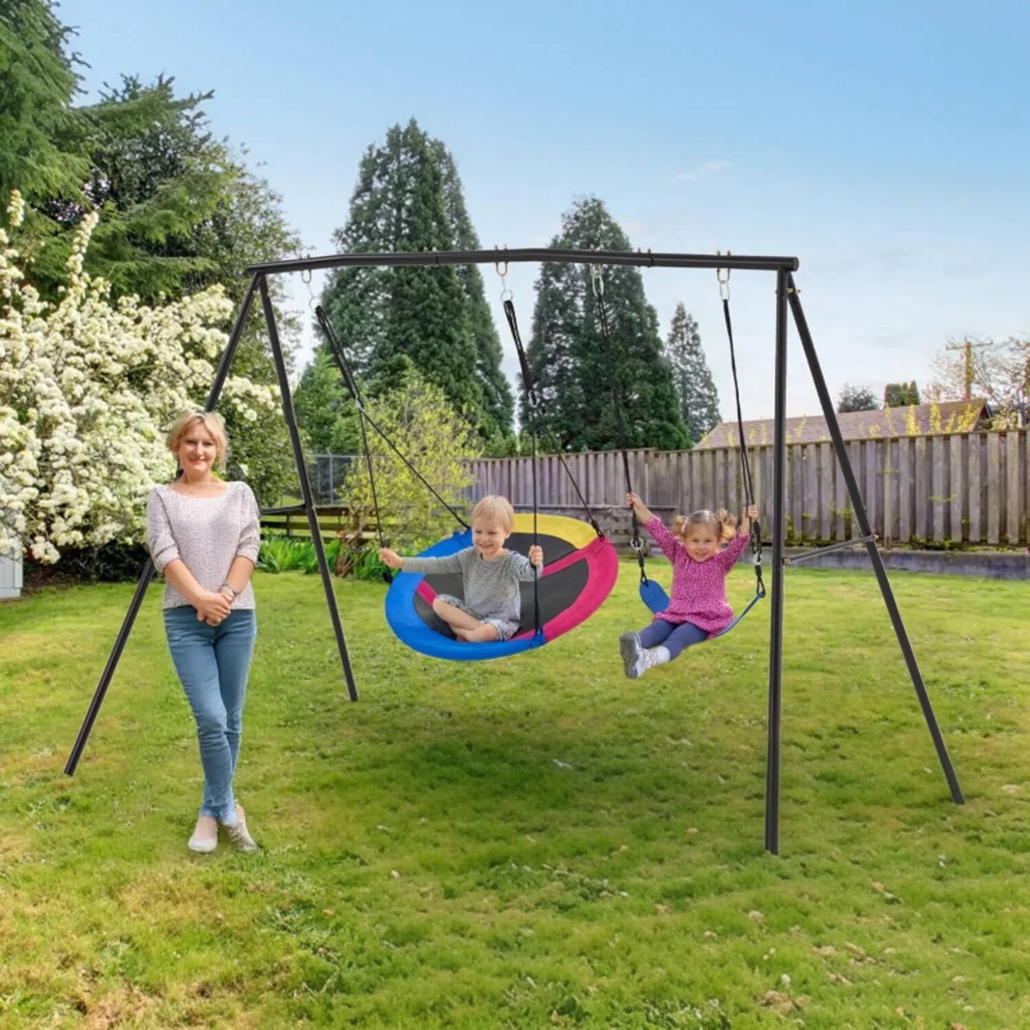 HOMMOW Swing Sets for Backyard, 1 Saucer Swing and 1 Belt Swing, Heavy ...