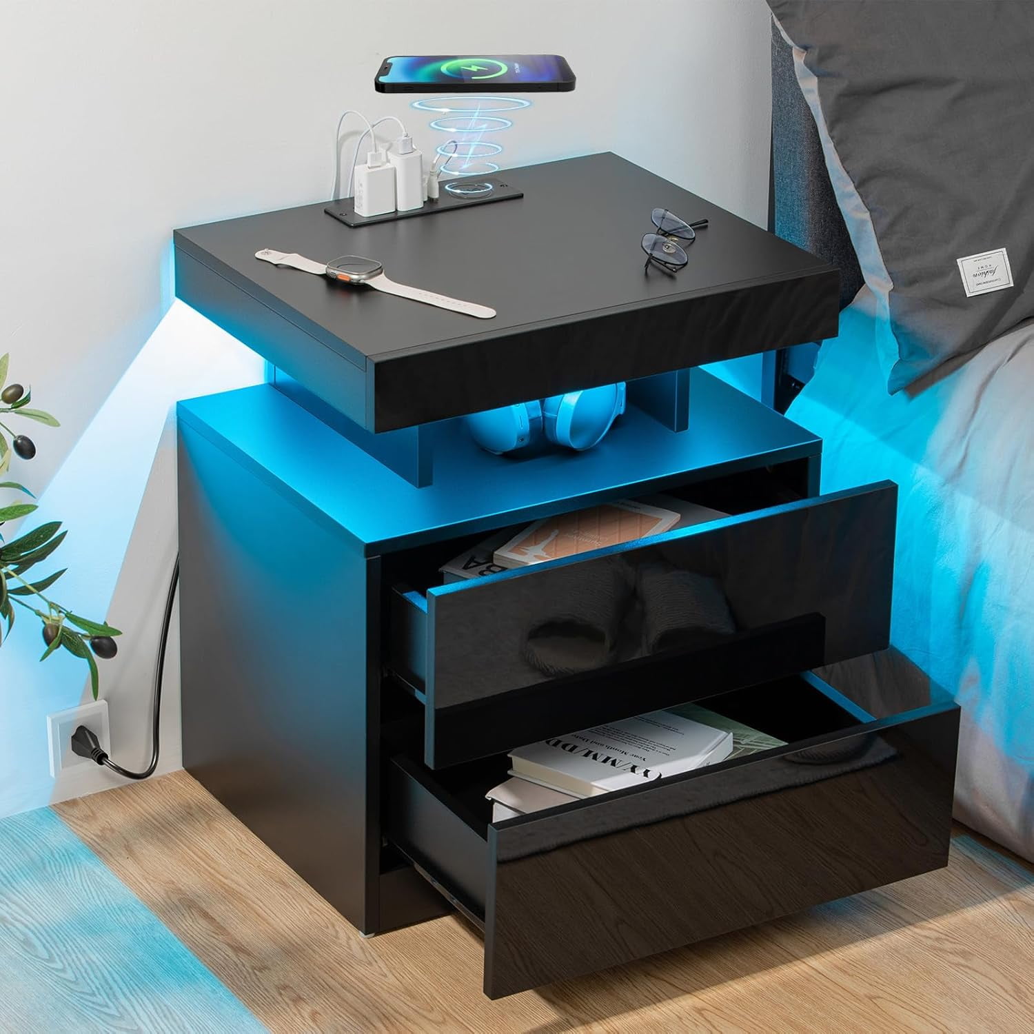HOMMPA LED Nightstand with Wireless Charging Station & USB Ports High ...