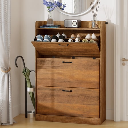 Shoe Storage Cabinet Organizer with 3 Flip Drawers, Freestanding Narrow ...