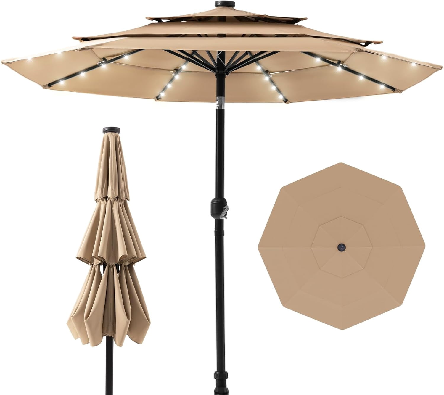HOMPUS 10FT 3 Tiers Solar LED Patio Umbrella for Outside, Outdoor ...