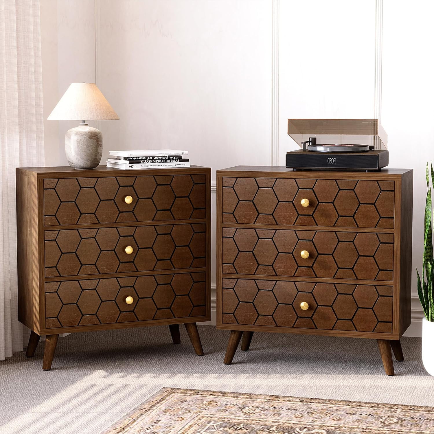HOMPUS 3 Drawer Dresser, Mid-Century Chest of Drawers with Honeycomb ...
