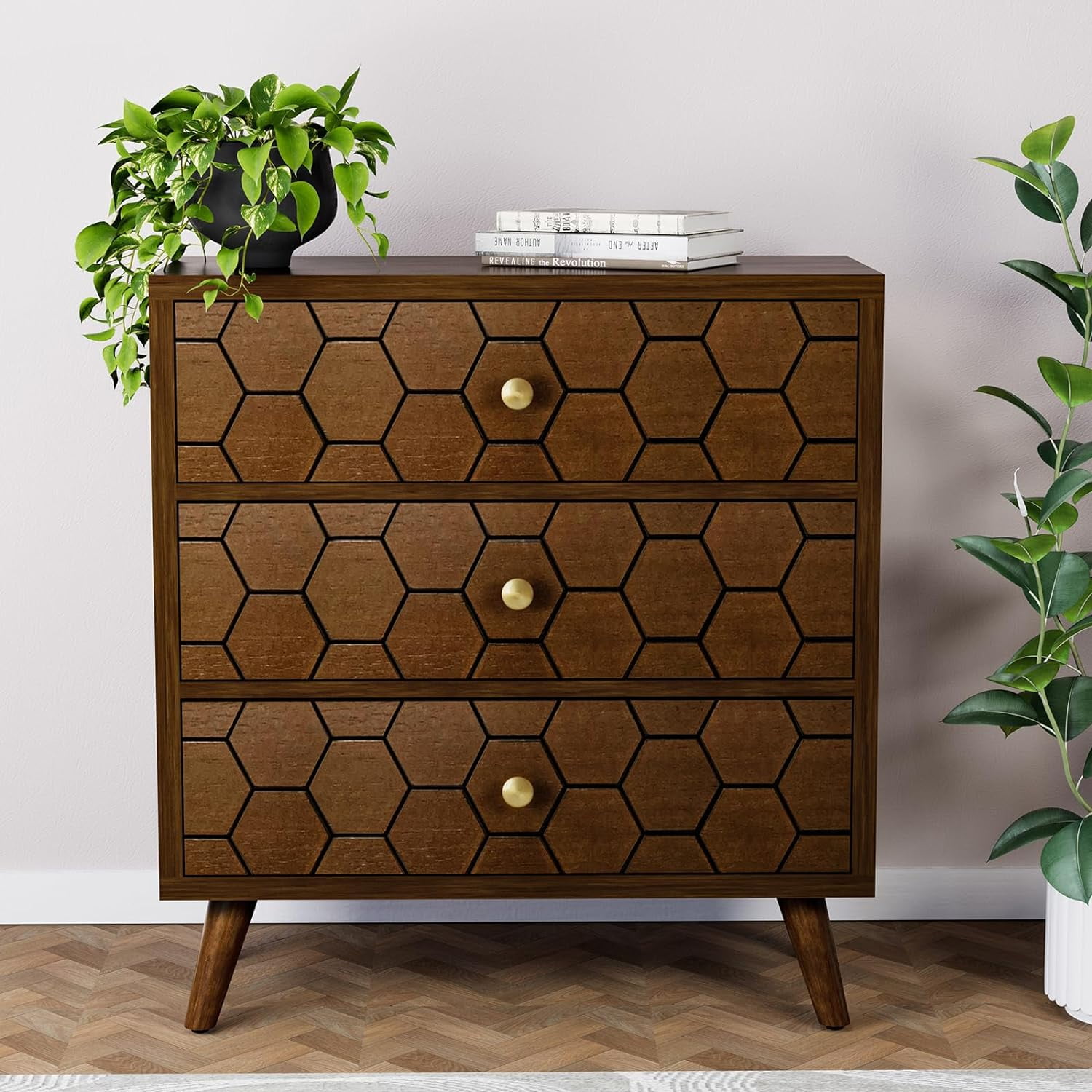 HOMPUS 3-Drawer End Table, Mid Century Chest of Drawers with Pattern ...