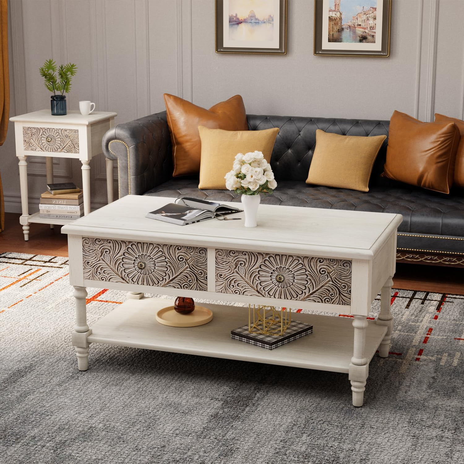 HOMPUS Coffee Table with 2 Storage Drawers, Farmhouse Wood Coffee Table ...
