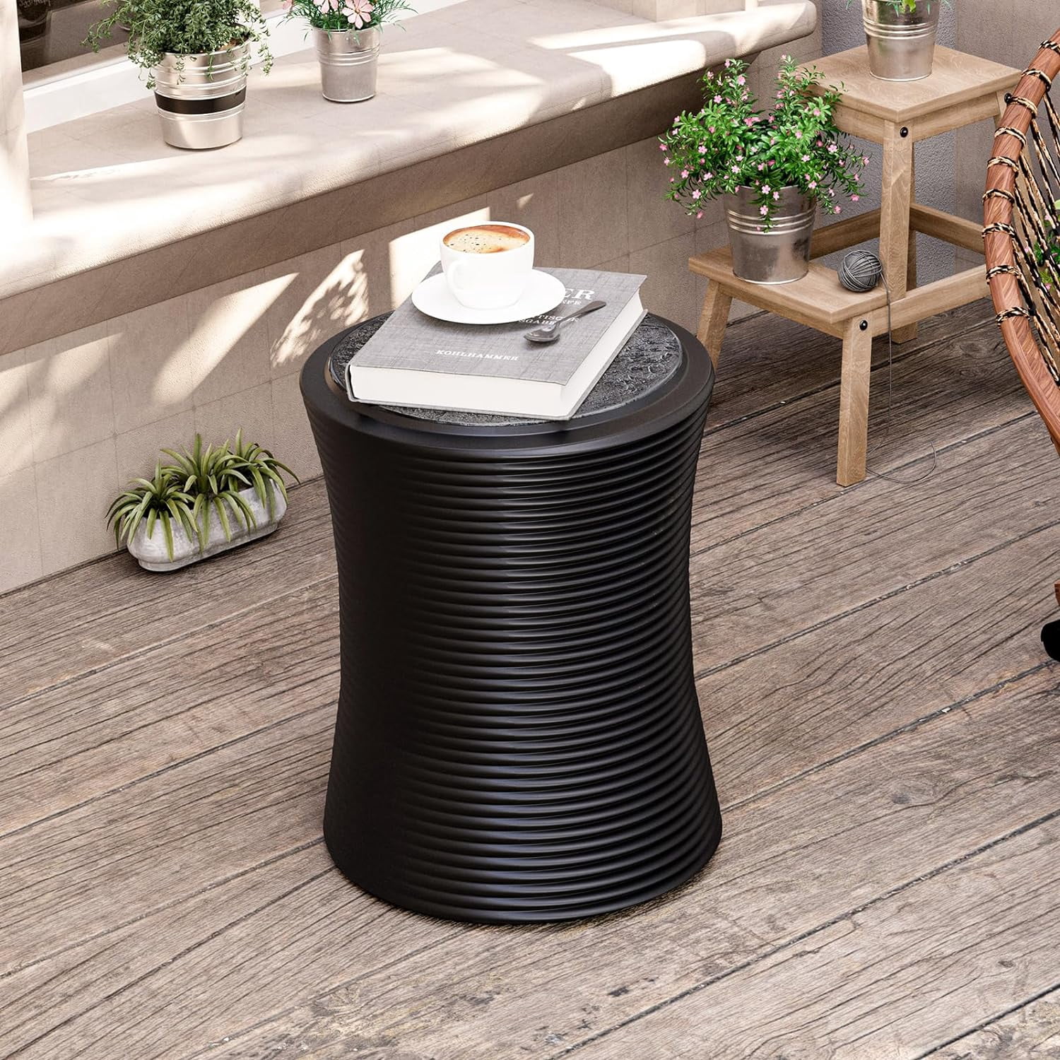HOMPUS Concrete Outdoor Side Table w Cylindrical Thread Round Coffee ...