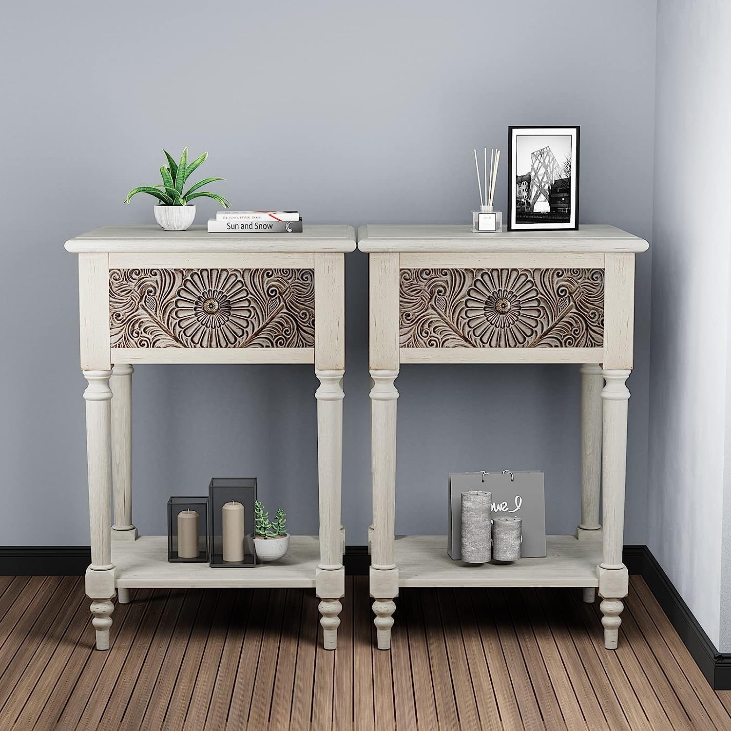 HOMPUS End Table Sets of 2 with Drawer and Shelf, Vintage Nightstand ...